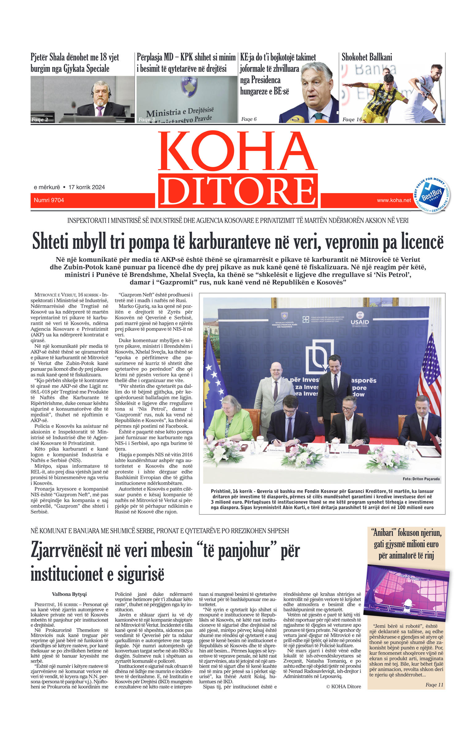 Koha Ditore Front Page