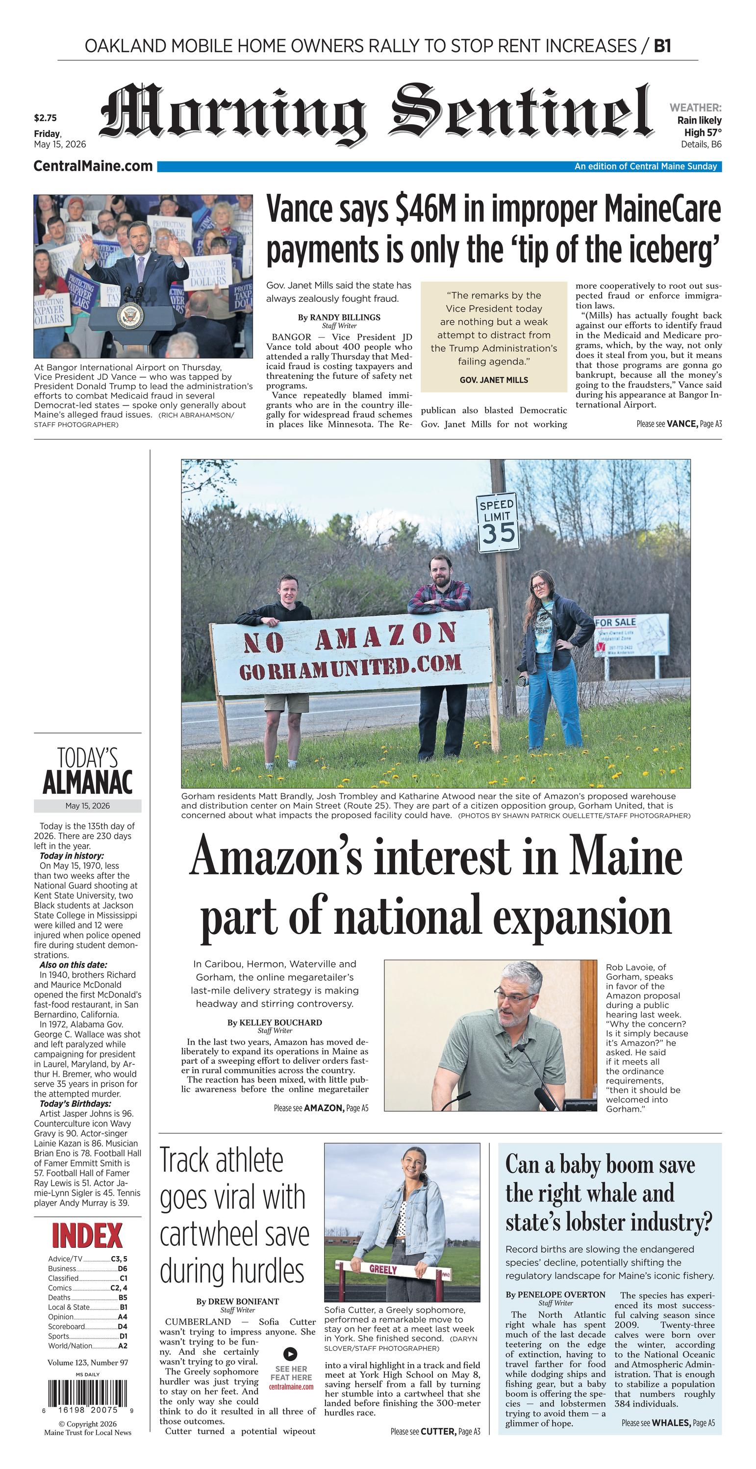 Morning Sentinel Front Page