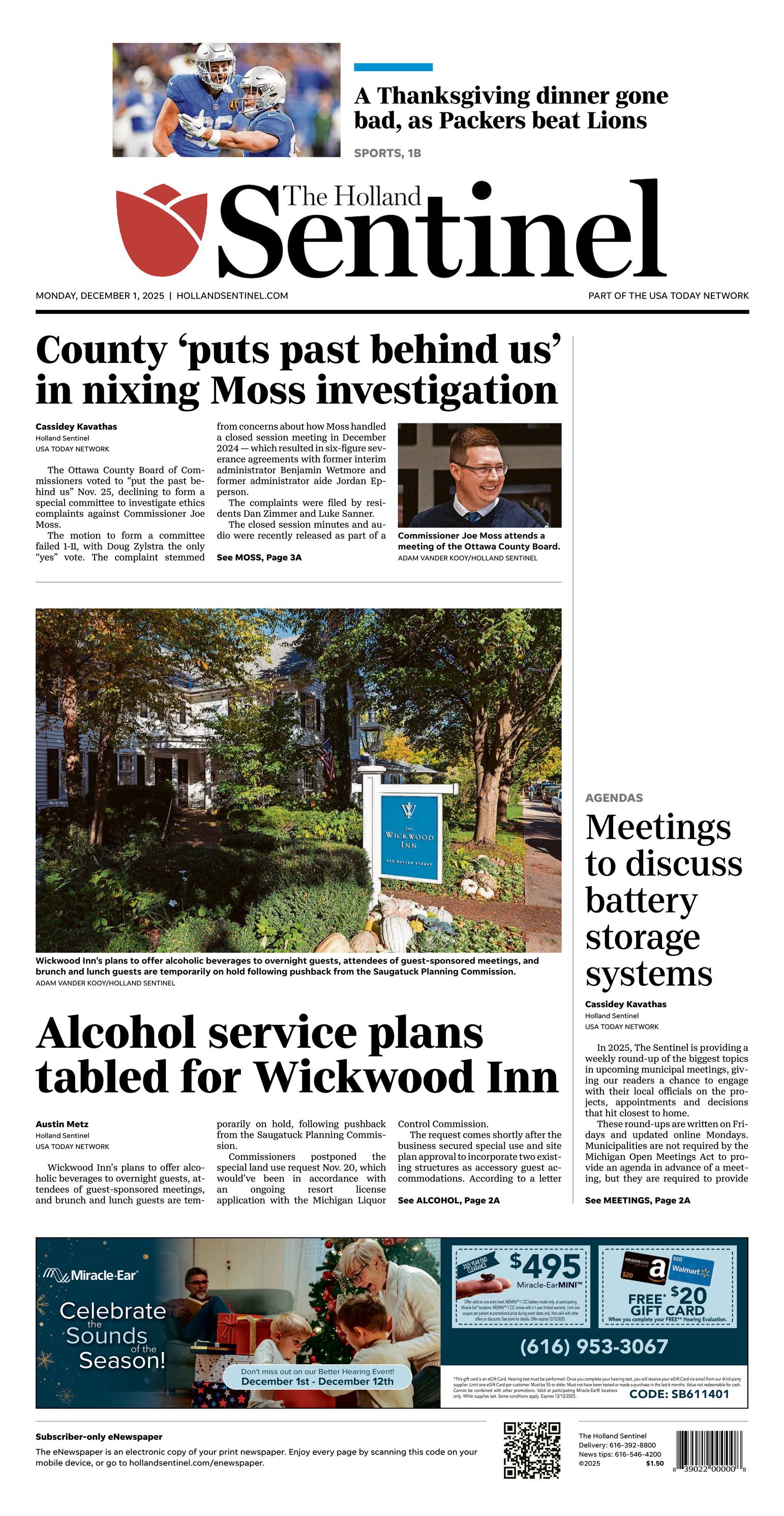 Holland Sentinel Front Page