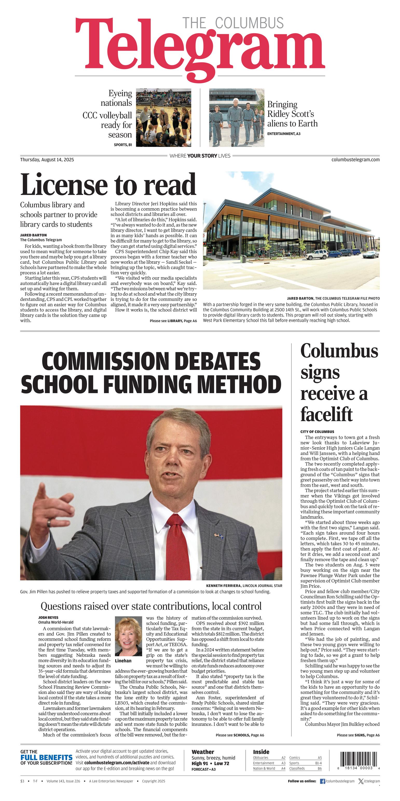 Columbus Telegram Front Page