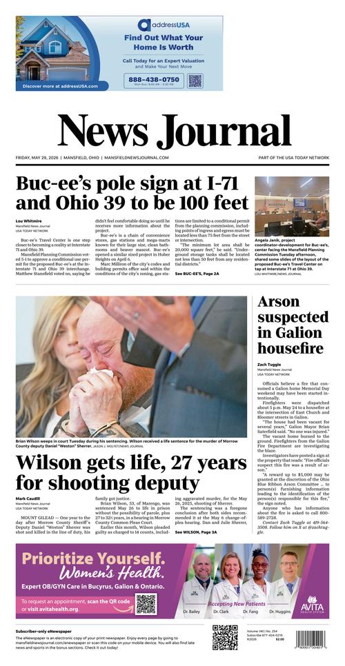 Mansfield News Journal Front Page