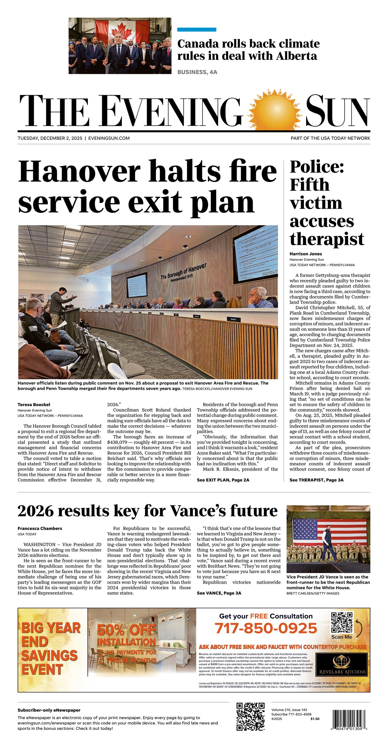 Hanover Evening Sun Front Page