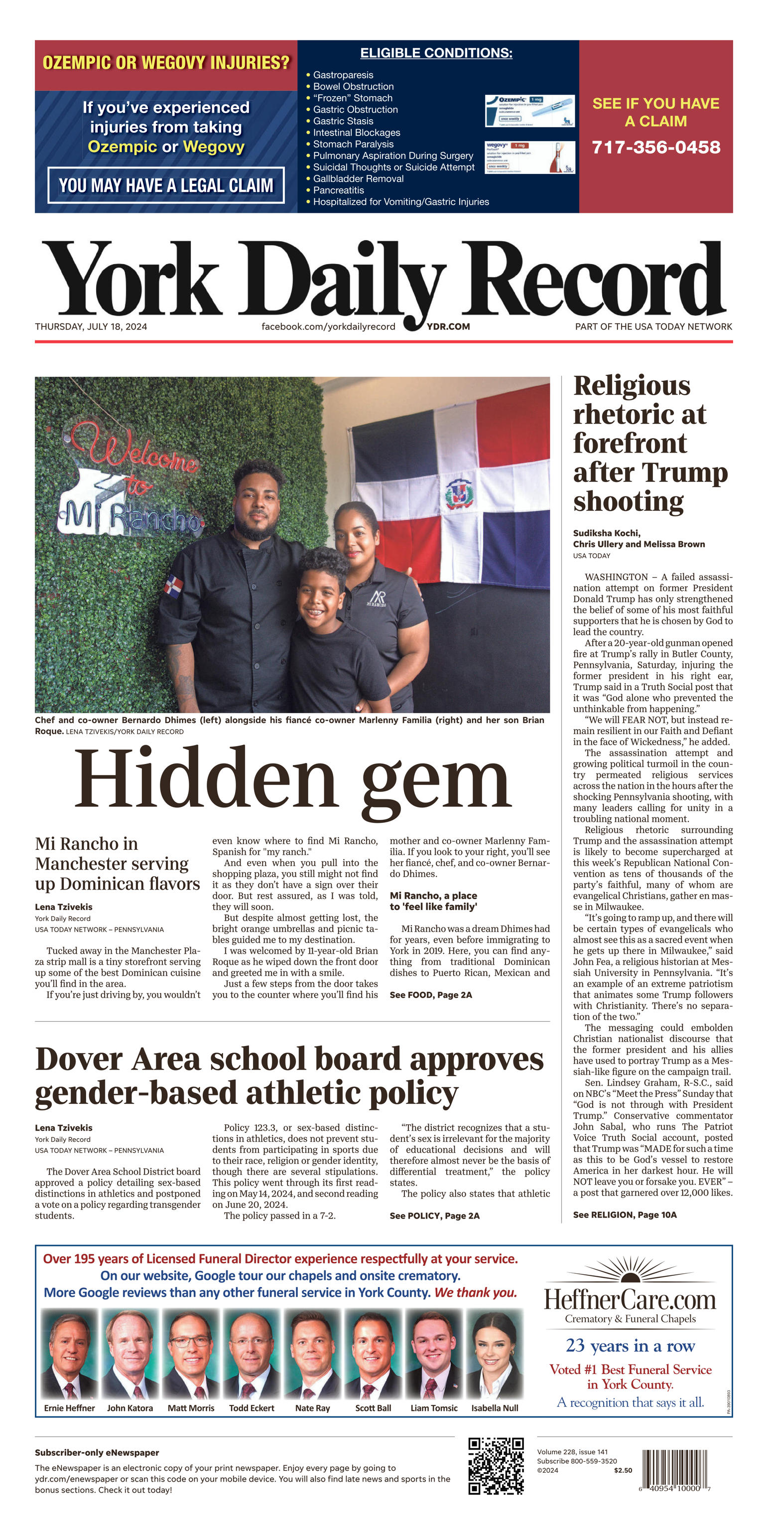 York Daily Record Front Page