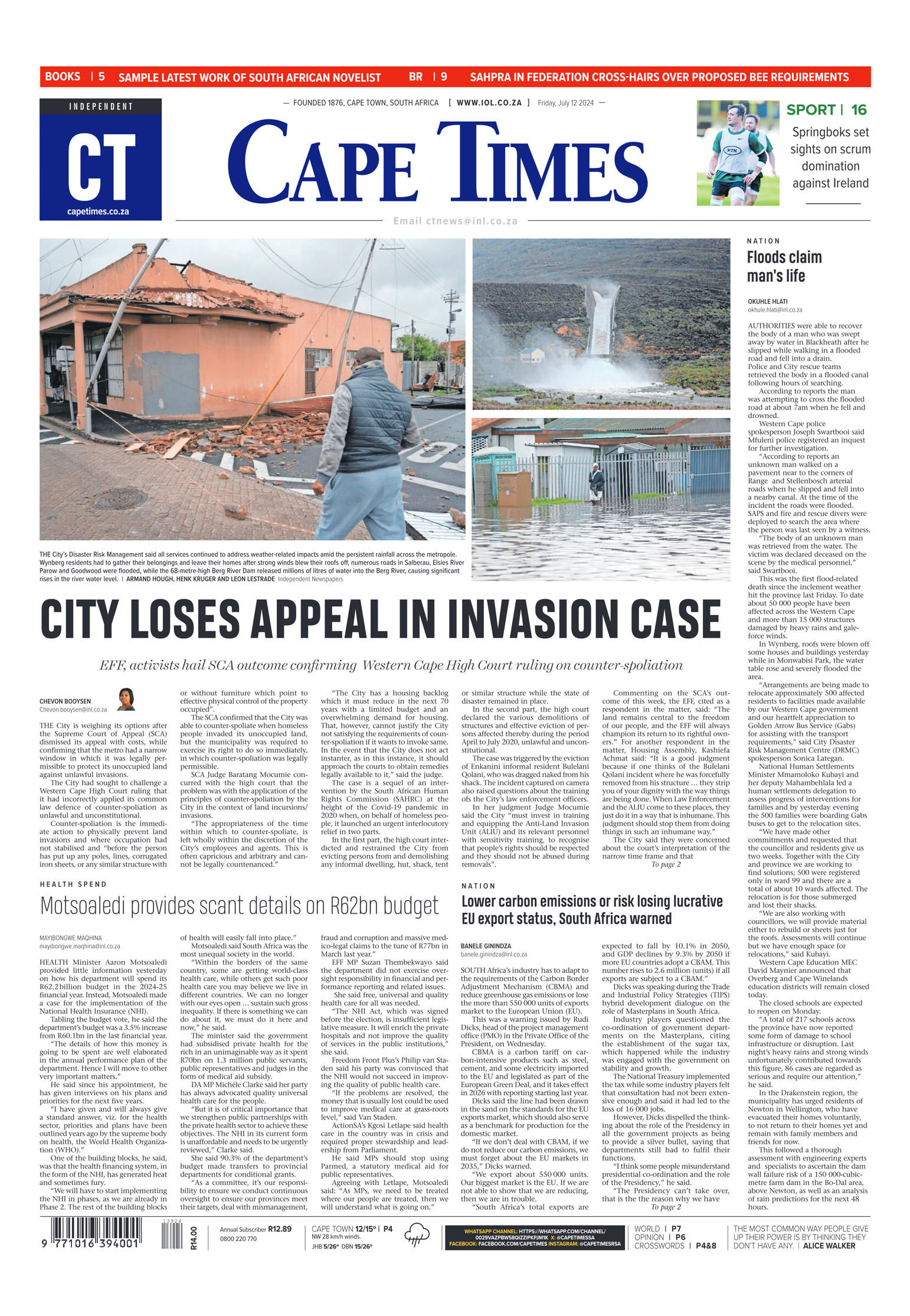 Cape Times Front Page