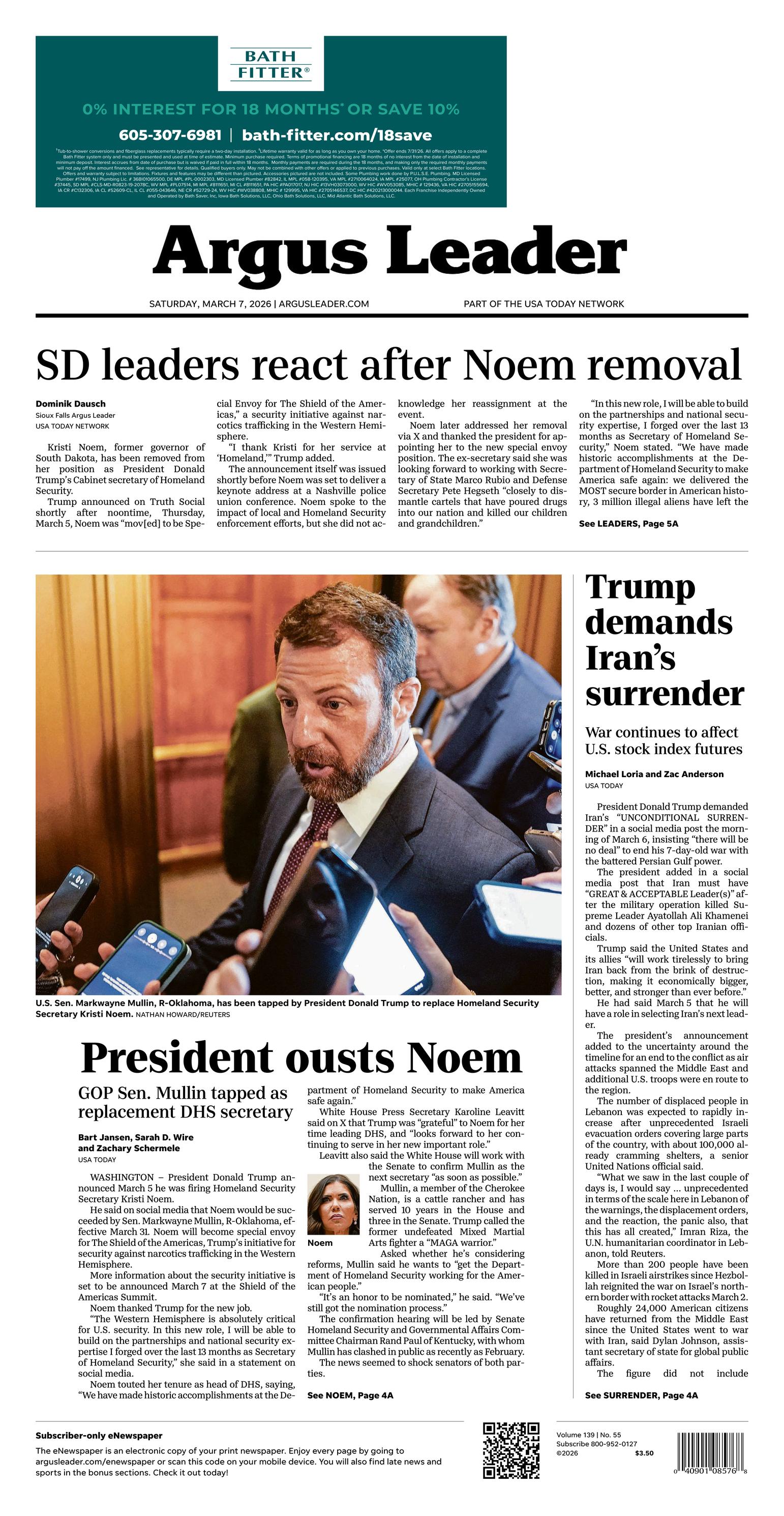Argus Leader Front Page