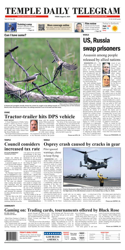 Temple Daily Telegram Front Page